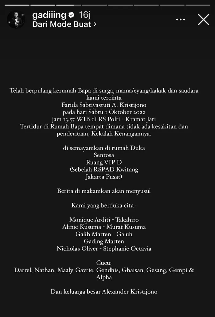 Ibunda Meninggal Dunia, Gading Marten Tulis Pesan Perpisahan - Semua Halaman - Parapuan